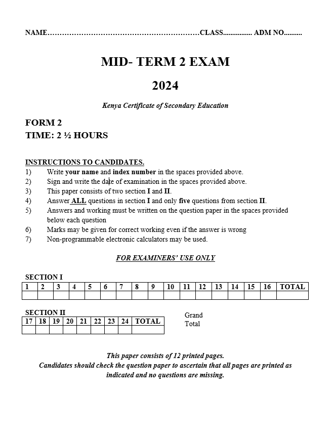 2024 form 2 Mid term 2 exams download for secondary school 2024 form 2 Mid term 2 exams download for secondary school
